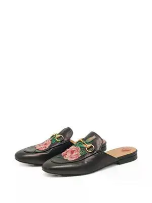 Gucci Princetown Leather Floral-embroidered Mules - Brown