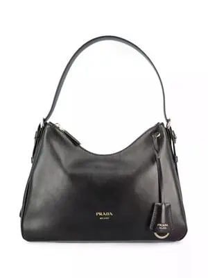 Prada Leather Shoulder Bag With Logo Lettering - Black