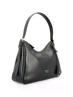 Prada Leather Shoulder Bag With Logo Lettering - Black