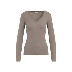 Brunello Cucinelli Brunello Cucinelli Ribbed V-Neck Long Sleeve Sweater Brown