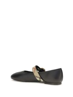 Burberry Robin Leather Ballerinas With Check Strap - Black