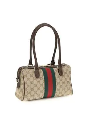 Gucci Horsebit Shoulder Bag In Gg Canvas And Leather - Cream