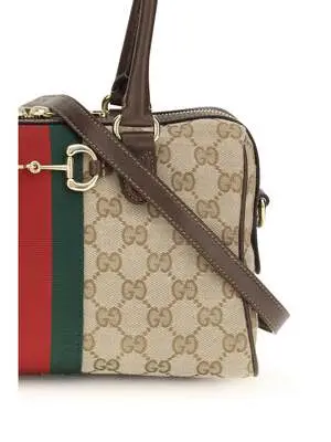 Gucci Horsebit Shoulder Bag In Gg Canvas And Leather - Cream