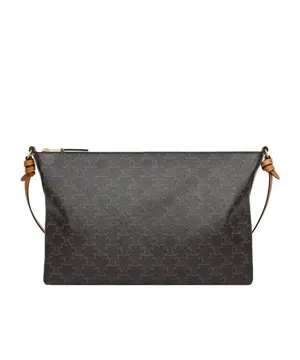 Celine Duo Zipped Bag In Triomphe Canvas And Natural Calfskin - Black