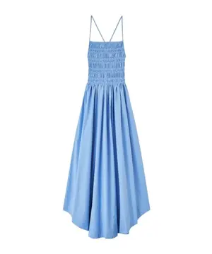 GANNI Compact Poplin Long Smocked Dress - Blue