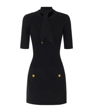 Elisabetta Franchi Ribbed Knit Mini Dress With Tie-neck Sash - Black