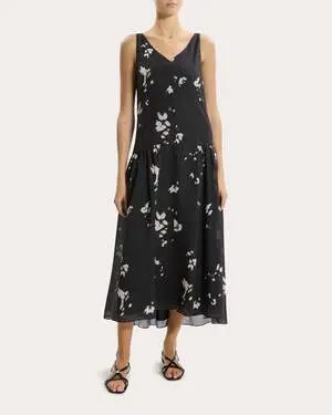 Theory Floral Gathered Drop-waist Dress - Black