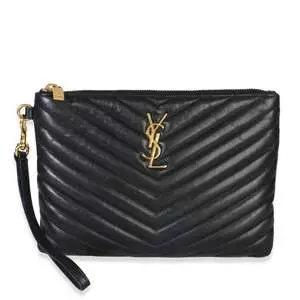 Saint Laurent Matelasse Chevron Calfskin Monogram Pouch - Black
