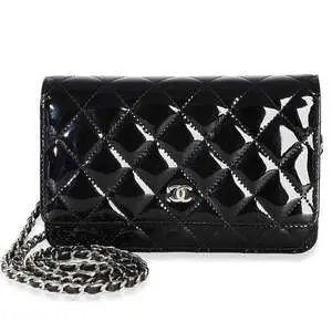 Chanel Quilted Patent Classic Wallet On Chain - Black