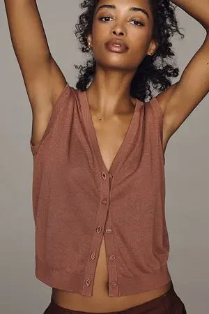 Anthropologie Crocheted Lace Neckline Sleeveless Knit Top - Mocha