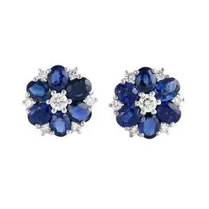 ARTISAN White / Blue 18k White Gold Oval Sapphire & Diamond Flower Stud Earrings - White/blue