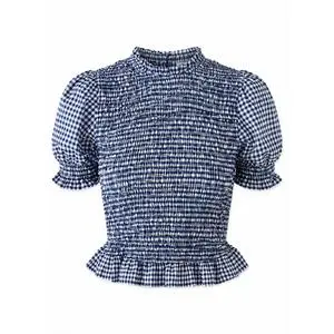 MIND TRAVELER Navy Gingham Smocked Lea Crop Top - Blue