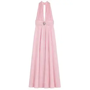 NOCTURNE Pleated Halterneck Maxi Dress With Brooch Detail - Pink