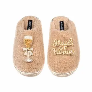 LAINES LONDON Teddy Towelling Slippers With Embellished Brooches - Brown