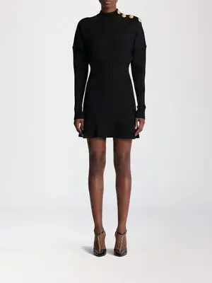 Balmain Ribbed High Neck Mini Dress With Button Detail - Black