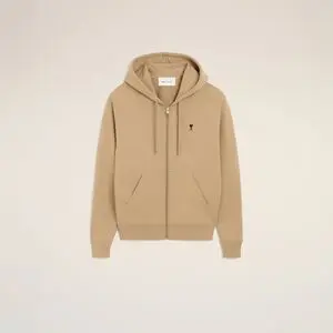 AMI Paris Zip Up Cotton Hoodie With Embroidered De Coeur Logo - Mastic Beige/black