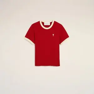 AMI Paris Red Contrasted Cotton T-shirt With De Coeur Embroidery - Ruby Red/ivory