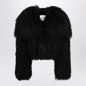 Attico Cropped Bomber Jacket In Curly Shearling - Black