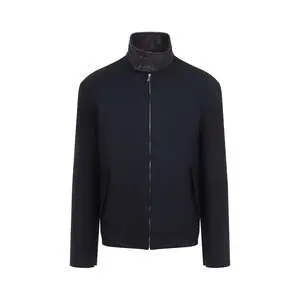 Bottega Veneta Harrington Jacket In Midnight Compact Cotton Gabardine With Intrecciato Leather Collar - Blue