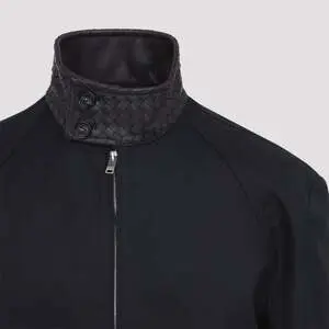 Bottega Veneta Harrington Jacket In Midnight Compact Cotton Gabardine With Intrecciato Leather Collar