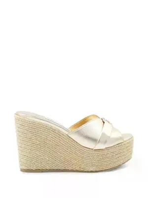 JIMMY CHOO Leda Wedge Mules Tone Metallic Platform Espadrilles