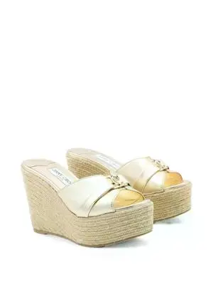 JIMMY CHOO Leda Wedge Mules Tone Metallic Platform Espadrilles
