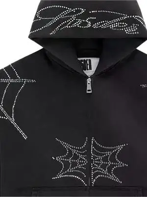 SP5DER Rhinestone Embellished Web Print Hoodie - Black