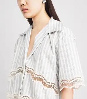 Sandro Striped Cotton Shirt With Lace Trim - Blue