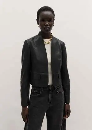 ME+EM Cropped Leather Jacket Black Brown