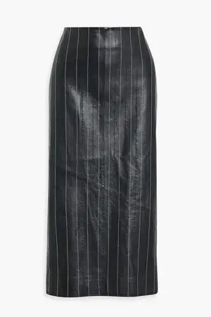 Victoria Beckham Embroidered Pinstriped Leather Midi Skirt