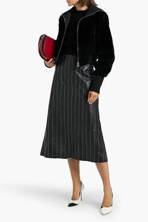 Victoria Beckham Embroidered Pinstriped Leather Midi Skirt