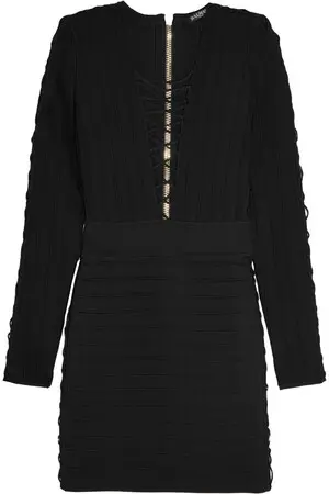Balmain Laceup Ribbed Stretchknit Mini Dress