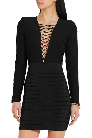Balmain Laceup Ribbed Stretchknit Mini Dress
