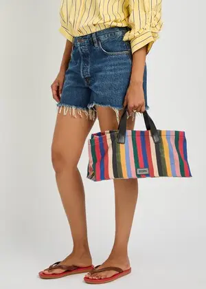 Staud Port Striped Leather And Canvas Tote