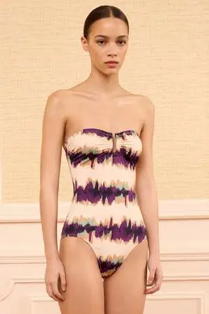Ulla Johnson Strapless Maillot With Abstract Stripes - Quarry