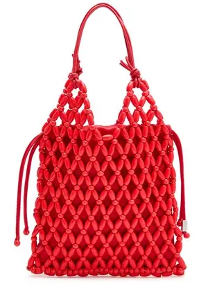 Staud Karla Leather And Wooden-bead Top Handle Bag - Raisin