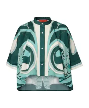 La DoubleJ Foulard Printed Cropped Cotton Muslin Shirt - Blue