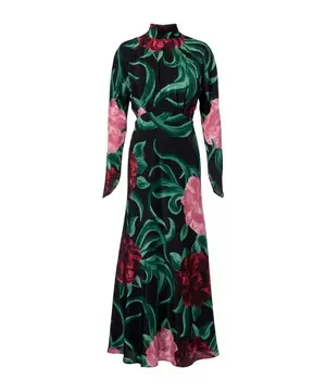 La DoubleJ Gilda Floral Silk Midi Dress - Black