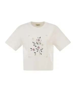 Max Mara Short-sleeved Cross-stitch Floral T-shirt - White
