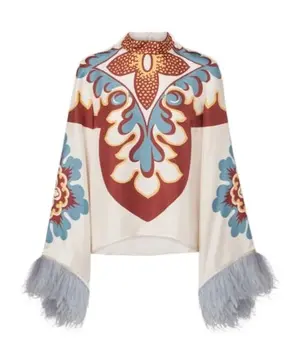 La DoubleJ Make An Exit Feather-trimmed Silk Top - Multicolor