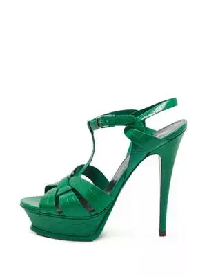 Saint Laurent Tribute Croc-embossed Leather Platform Sandals - Green
