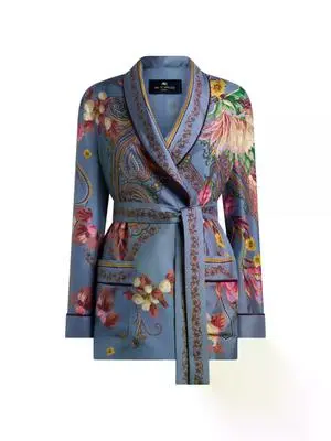 Etro Silk Jacket With Belt And Floral Paisley Motif - Blue