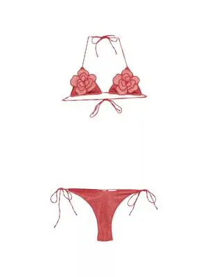Oseree Floral-applique Glitter-effect Bikini - Red