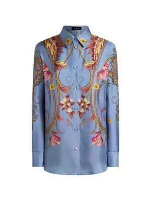 Etro Silk Shirt With Placed Floral Paisley Print - Blue