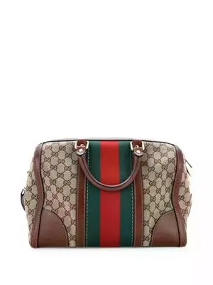 Gucci Vintage Bee Web Boston Bag Gg Canvas Medium Satchel