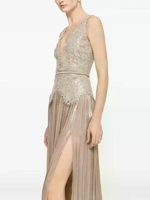 NISSA Lace Panel Sequined Chiffon Maxi Dress