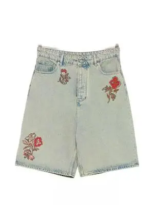 Drole De Monsieur Floral-embroidered Denim Shorts - Blue