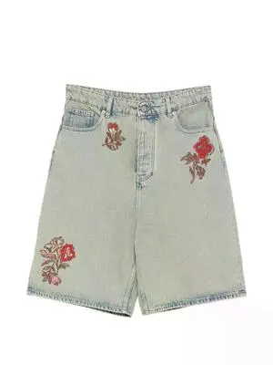 Drole De Monsieur Floral Embroidered Denim Shorts - Blue