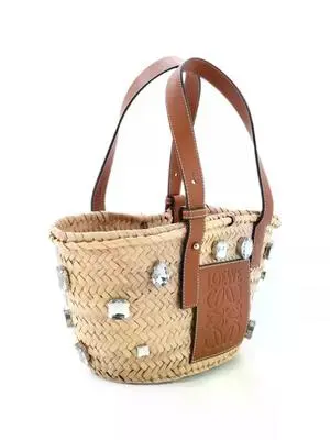 Loewe Basket Crystal Embellished Raffia Small Tote Bag - Brown