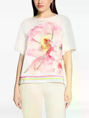 BETTY BARCLAY Floral-print Striped-hem T-shirt - White